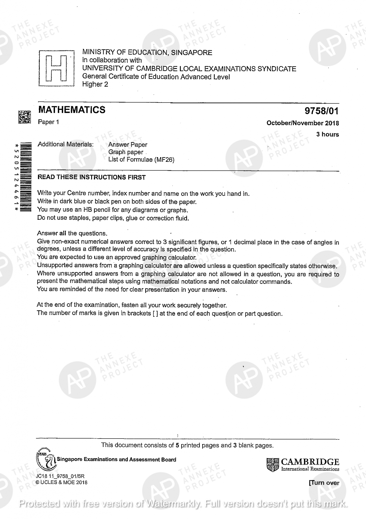 2018 GCE A LEVEL H2 MATHEMATICS PAPER 1 SOLUTION - The Annexe Project