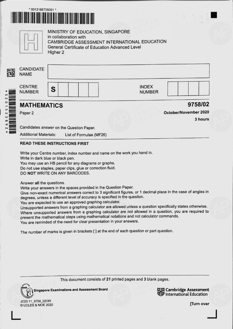 2020 GCE A LEVEL H2 MATHEMATICS PAPER 2 SOLUTION - The Annexe Project
