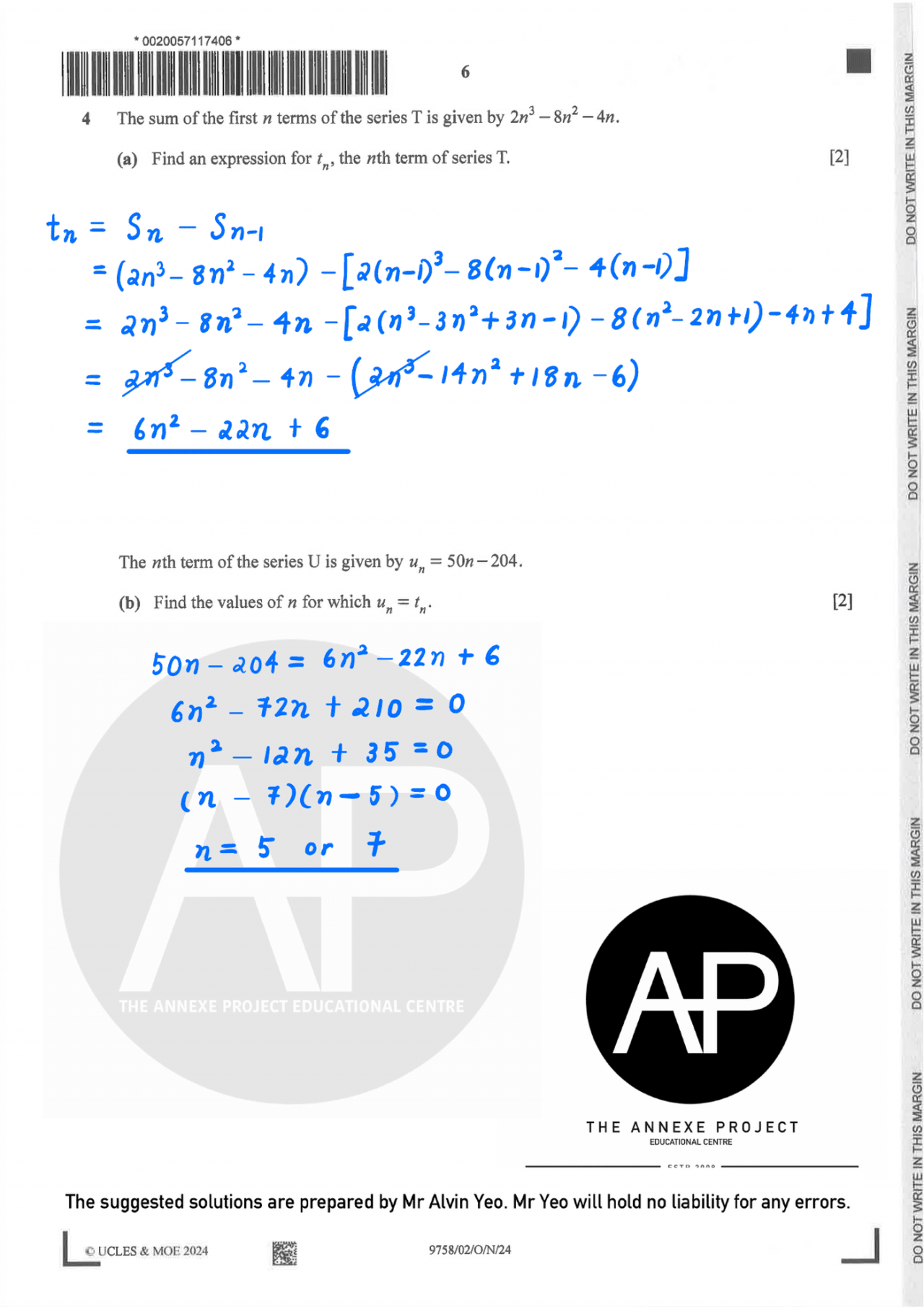 2024 GCE A LEVEL H2 MATHEMATICS PAPER 2 SOLUTION - The Annexe Project