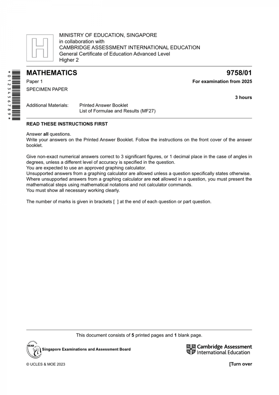 2025 GCE A LEVEL H2 MATHEMATICS SPECIMEN PAPER 1 SOLUTION - The Annexe ...