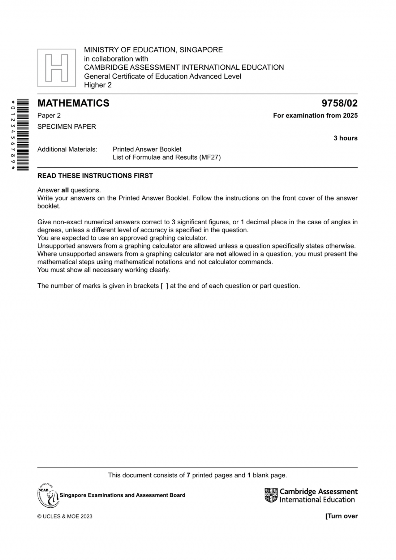 2025 GCE A LEVEL H2 MATHEMATICS SPECIMEN PAPER 2 SOLUTION - The Annexe ...